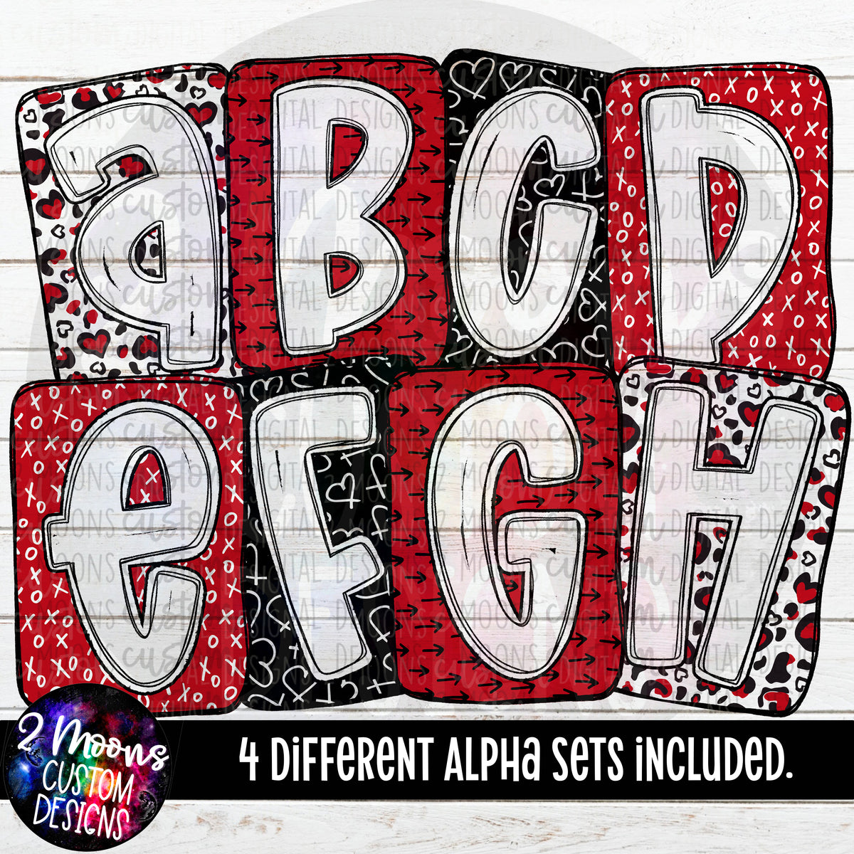 Boxy Valentines Day Doodle Alpha Pack- 4 Different Set- Red- Handlette ...